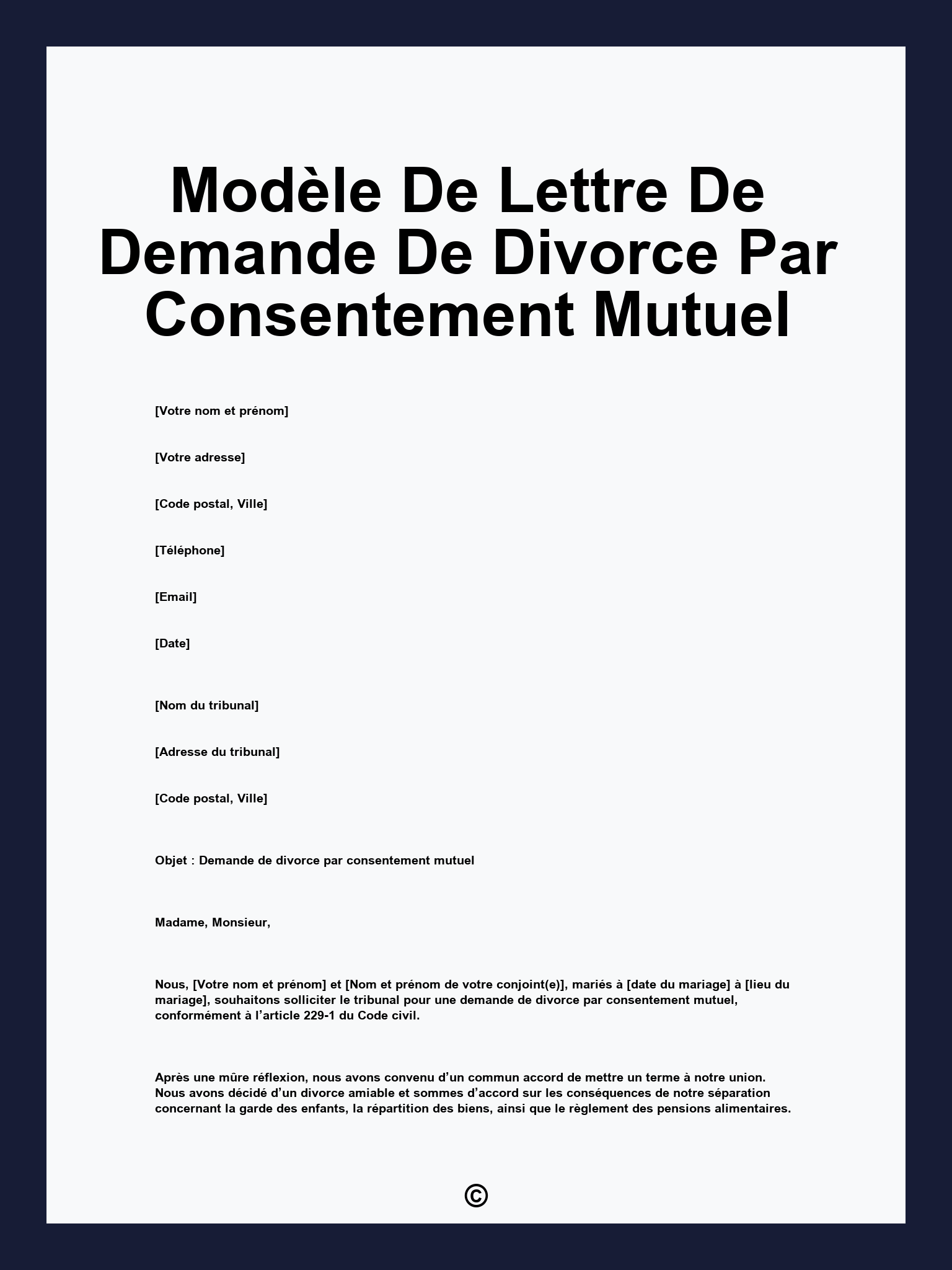 Modèle De Lettre De Demande De Divorce Par Consentement Mutuel